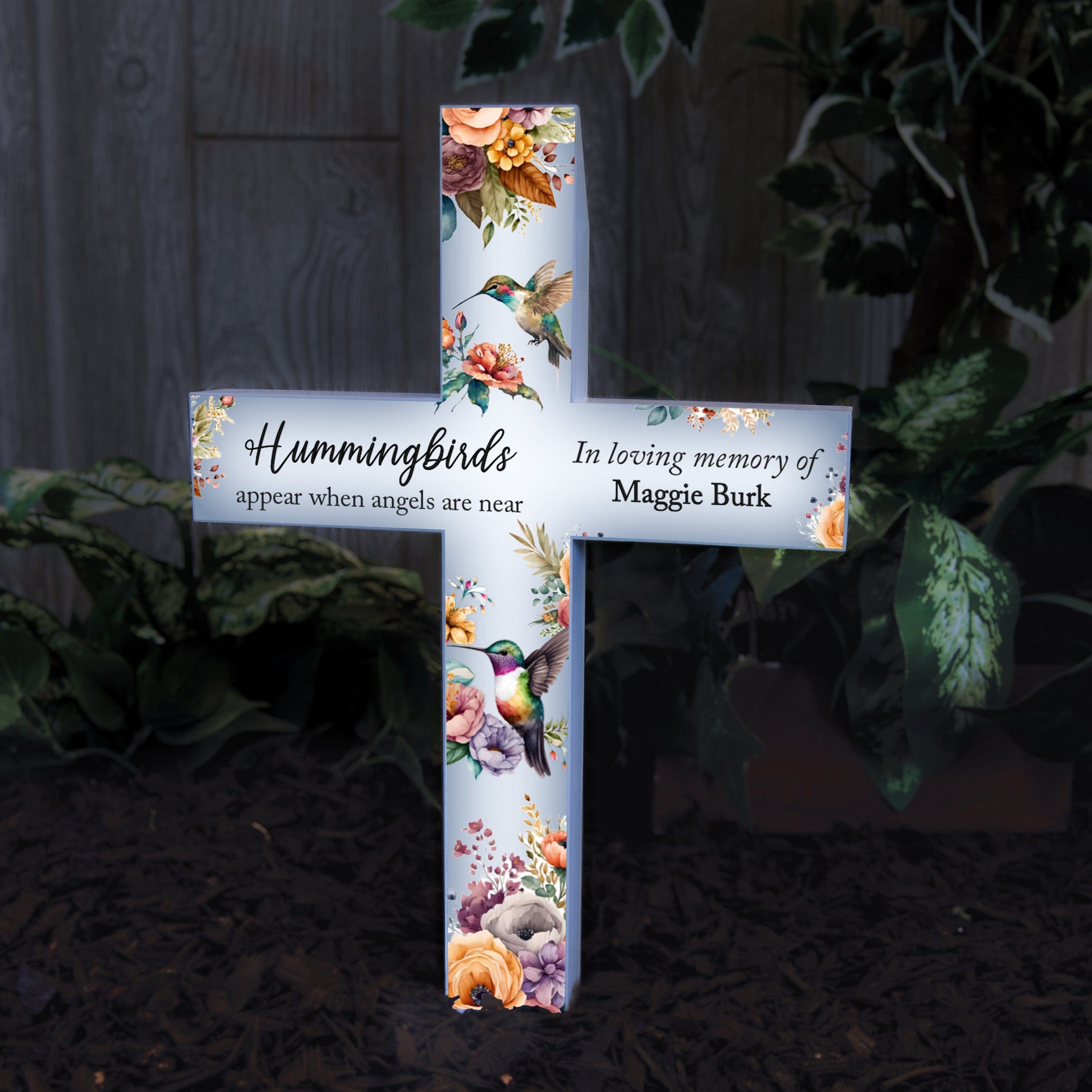 Personalized Hummingbirds Appear Solar Garden Stake Cross — 28 Collective