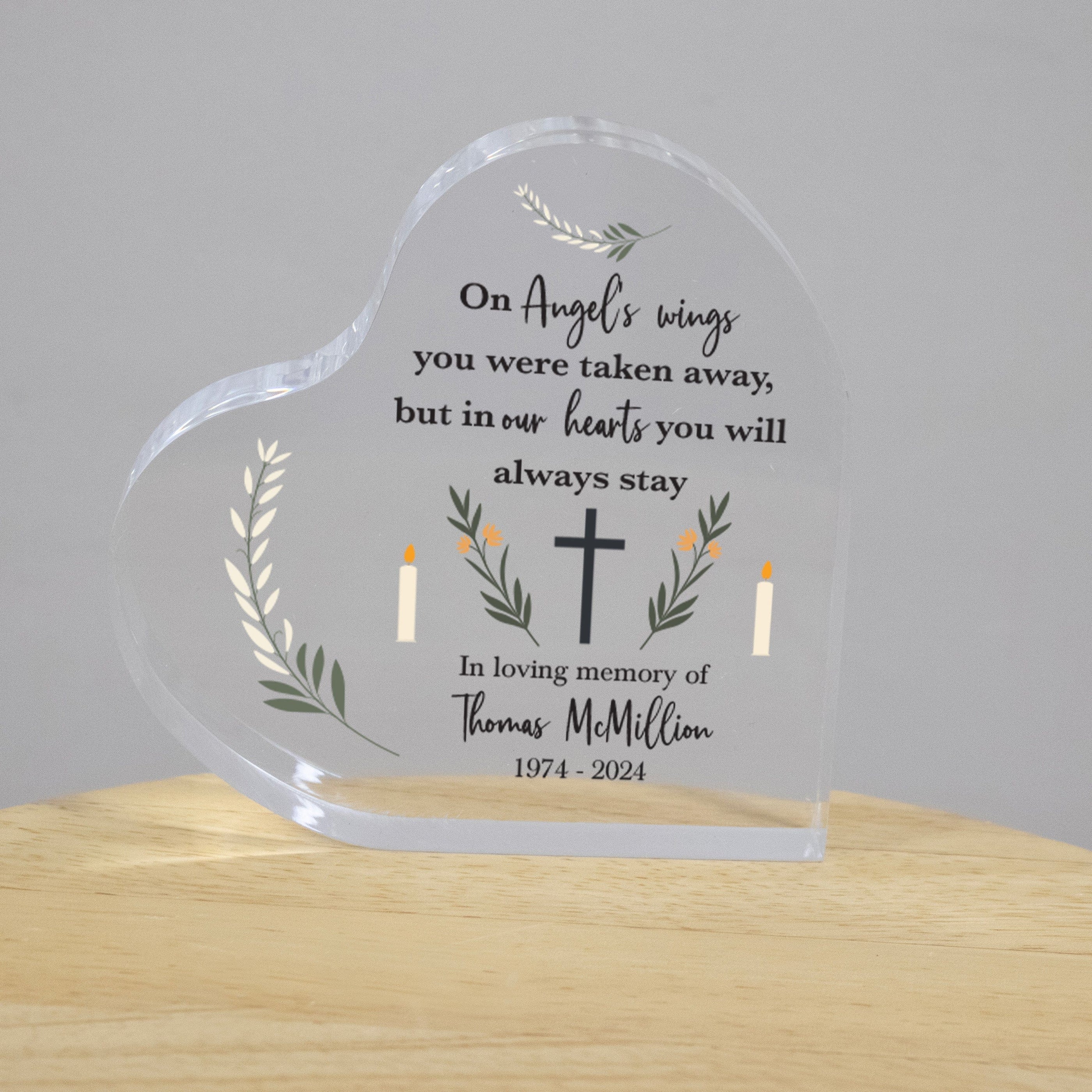 Personalized "On Angel Wings" Religious Memorial Acrylic Heart — 28 ...